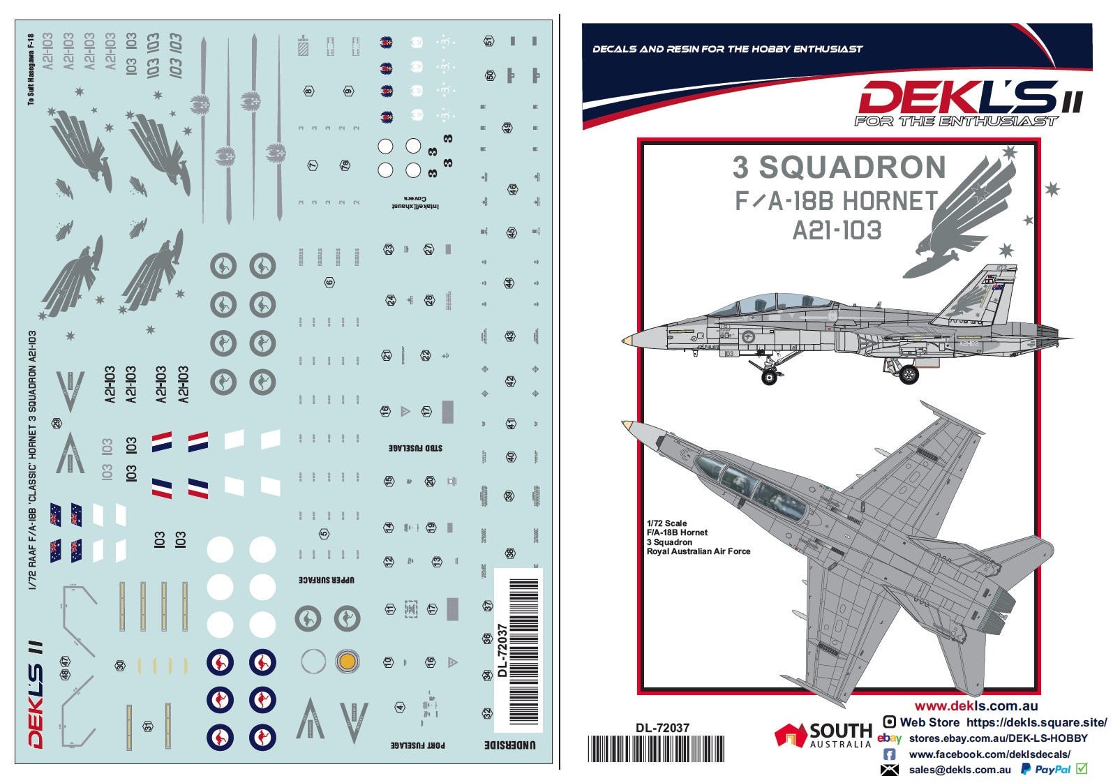 Decals - F/A-18B Hornet 3 Squadron, A21-103- Scale:1/144, 1/72, 1/48 ...