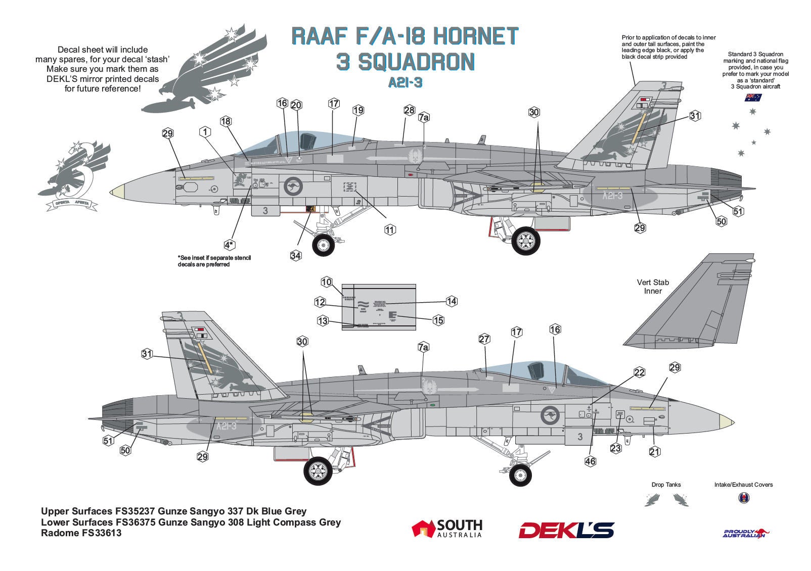 Decals - F/A-18 Hornet 3 Squadron, RAAF A21-3 - Scale:1/144, 1/72, 1/48 ...