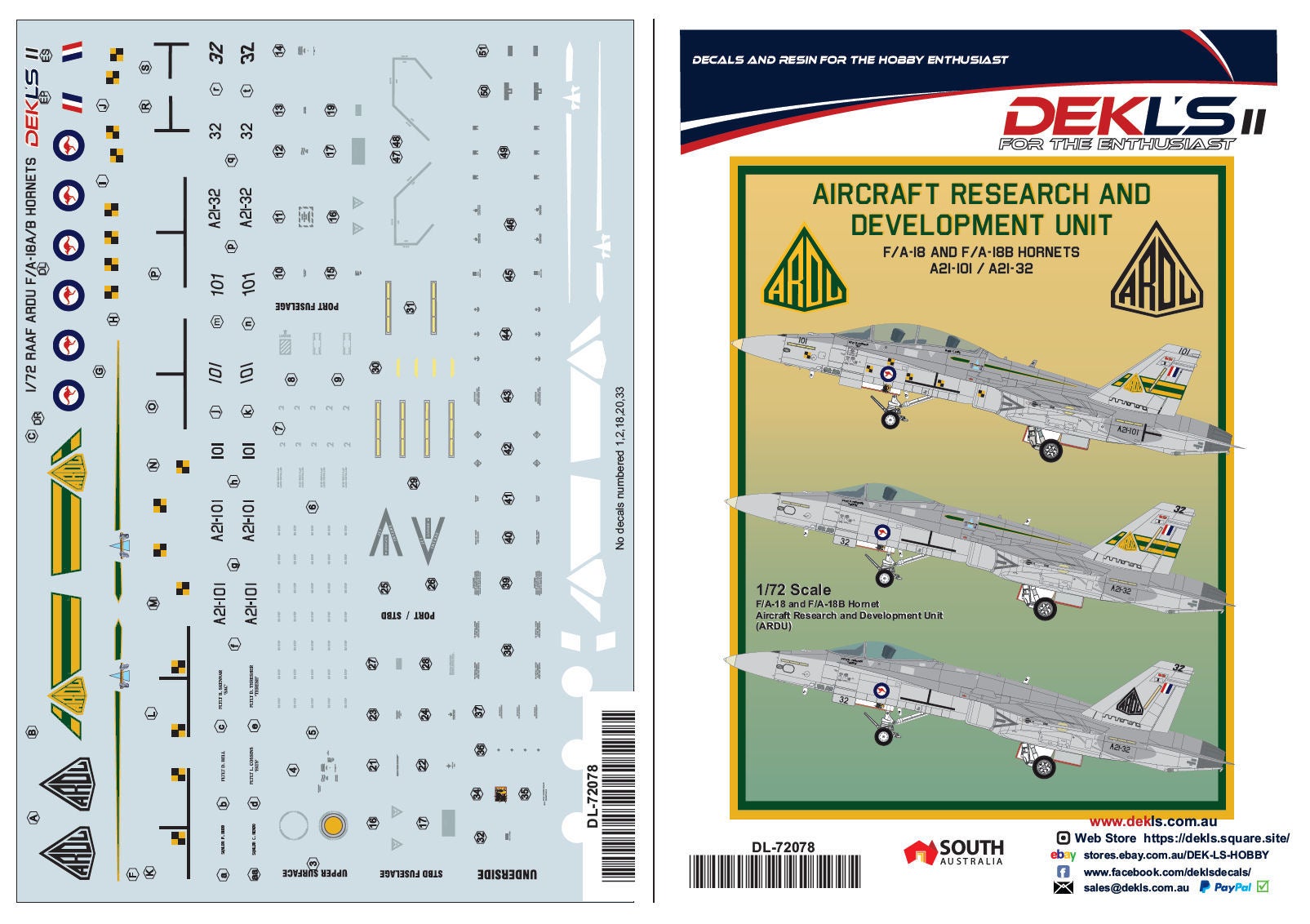 Decals - F/A-18A and F/A-18B Hornet ARDU, RAAF - Scale:1/144, 1/72, 1/ ...