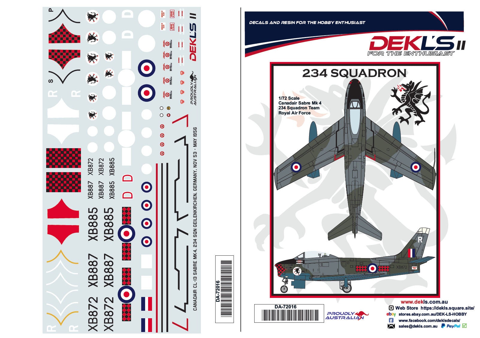Decals - Canadair Sabre Mk4 - 234 Squadron RAF - Scale:1/72, 1/48, 1/ ...