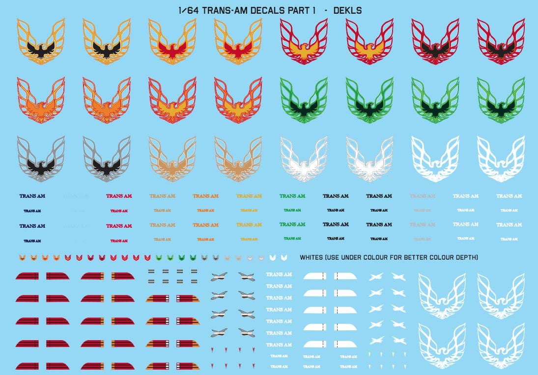 Decals - Trans-Am Firebird - Multiple Colours - Scale: 1/64 (for ...