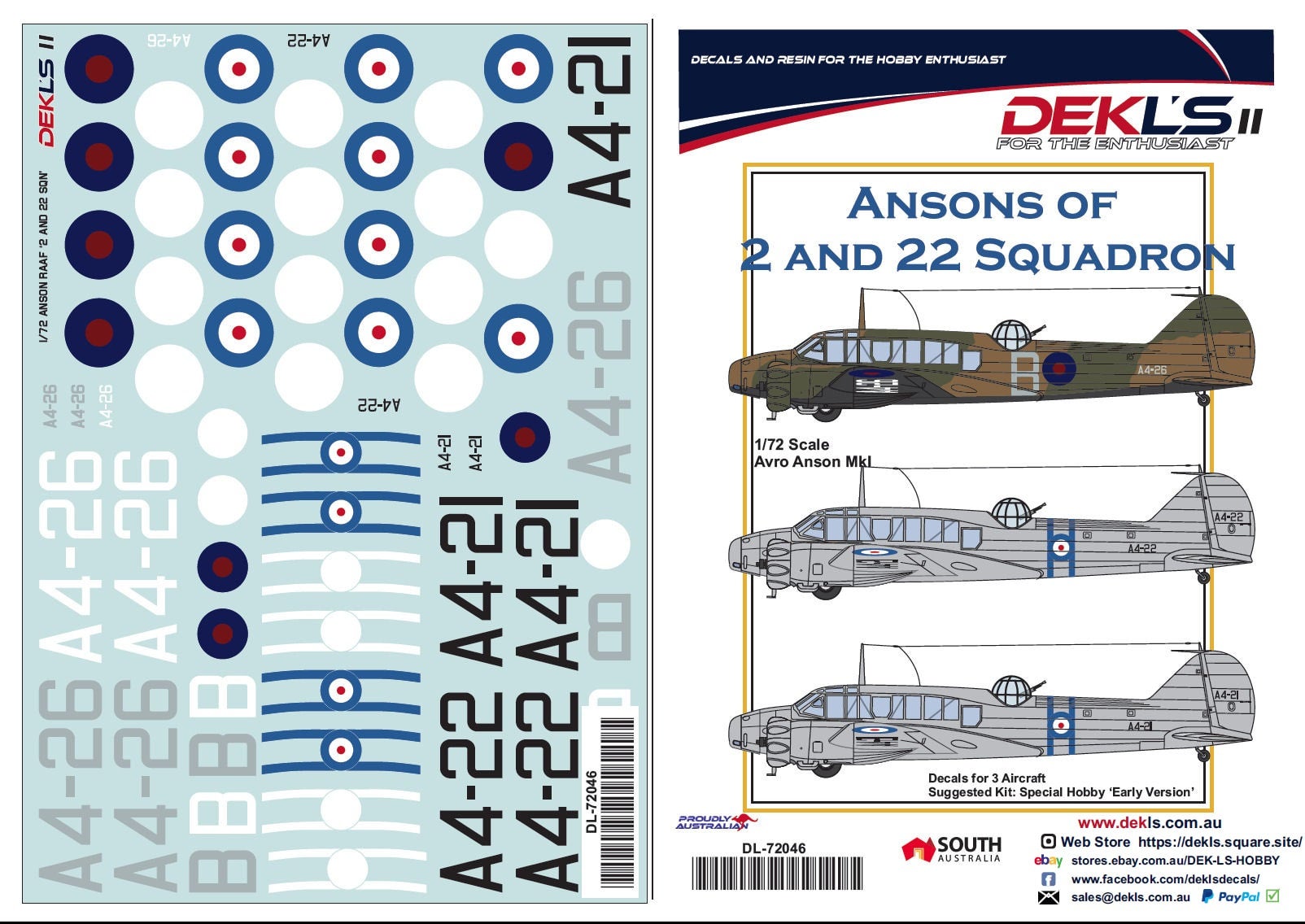 Decals - Avro Ansons of 2 and 22 Squadron RAAF - Scale:1/72, 1/48 ...